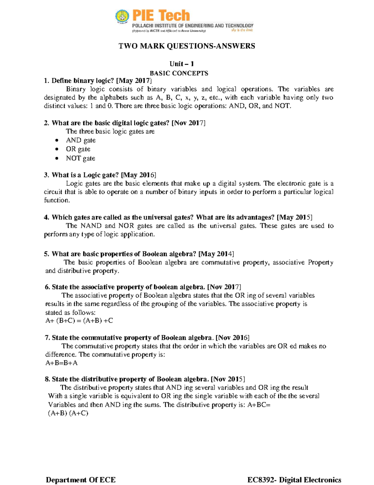 Digital Electronics SEM TWO MARK Unit 1: Fundamentals of Binary Logic ...