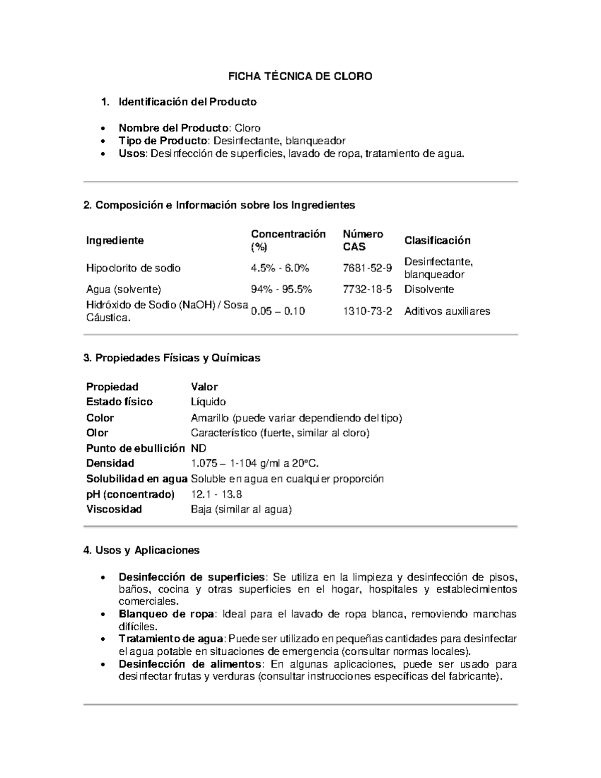 Ficha Técnica de Cloro: Usos, Composición y Seguridad - Studocu