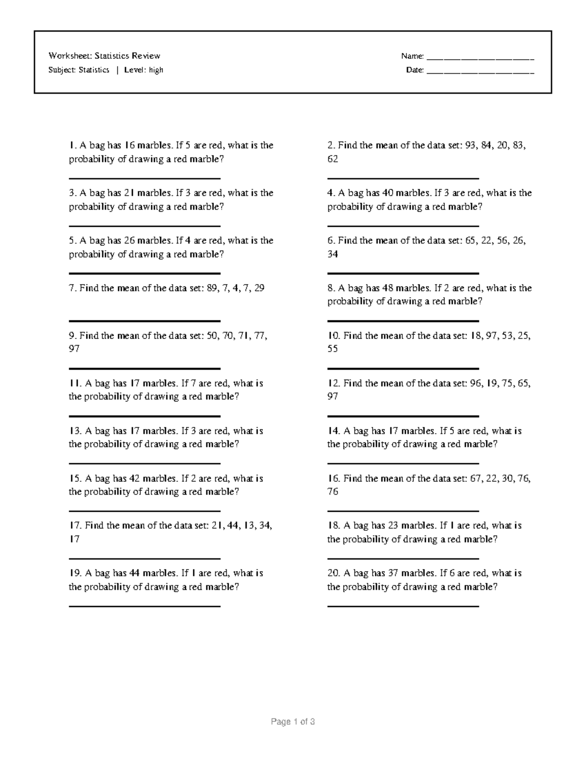 Statistics 8: Worksheet on Probability & Mean Calculations - Studocu