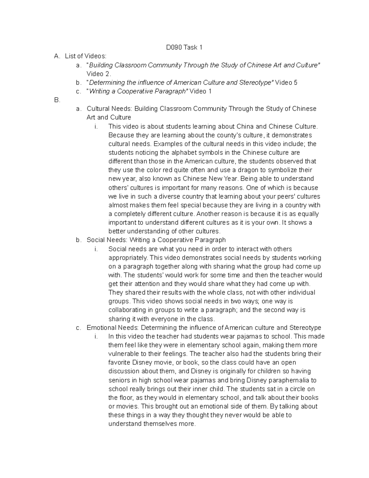 D090 Task 1 - D090 task 1, passed on first try - D090 Task 1 A. List of ...