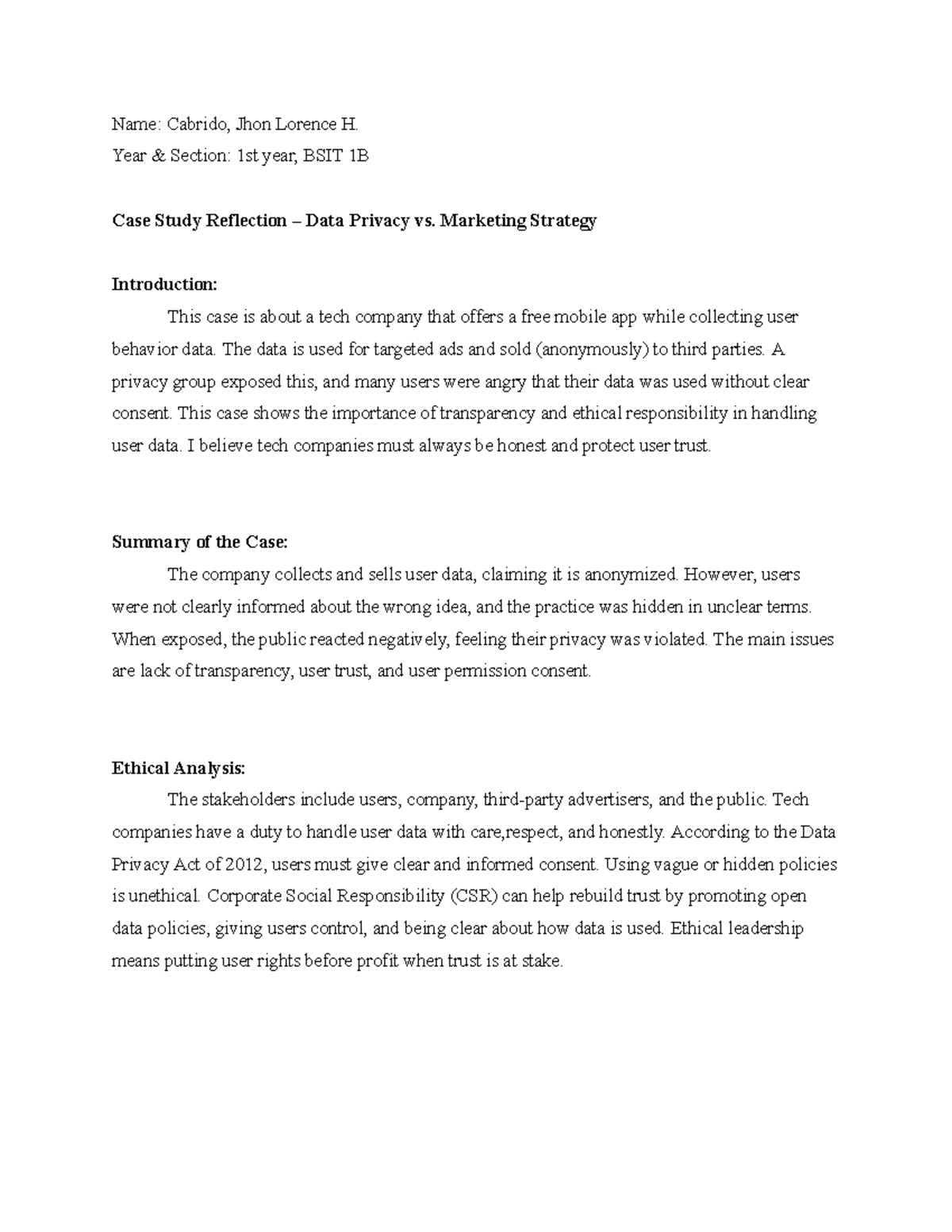BSIT 1B Case Study Reflection: Data Privacy vs. Marketing Strategy ...