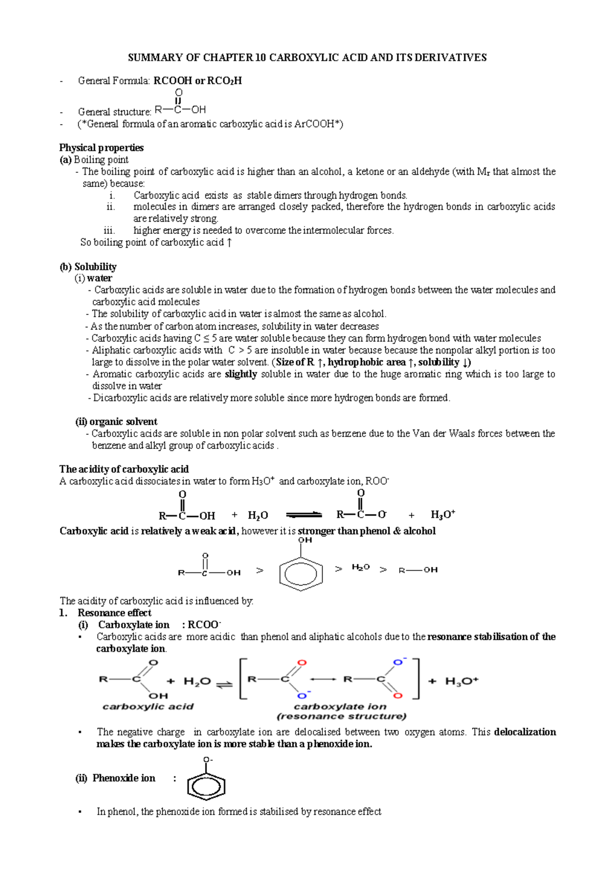 Carboxylic Acid Notes - SUMMARY OF CHAPTER 10 CARBOXYLIC ACID AND ITS ...