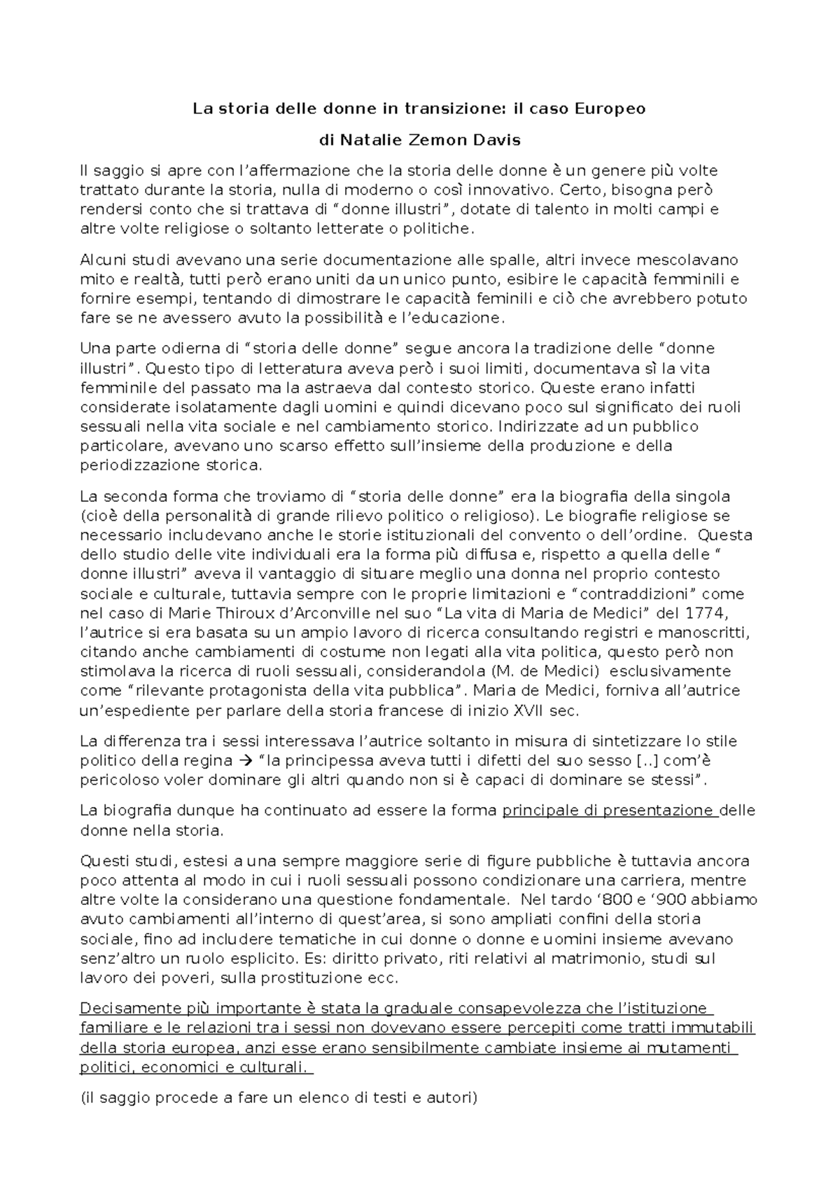 La storia delle donne in transizione: analisi di N. Z. Davis - Studocu