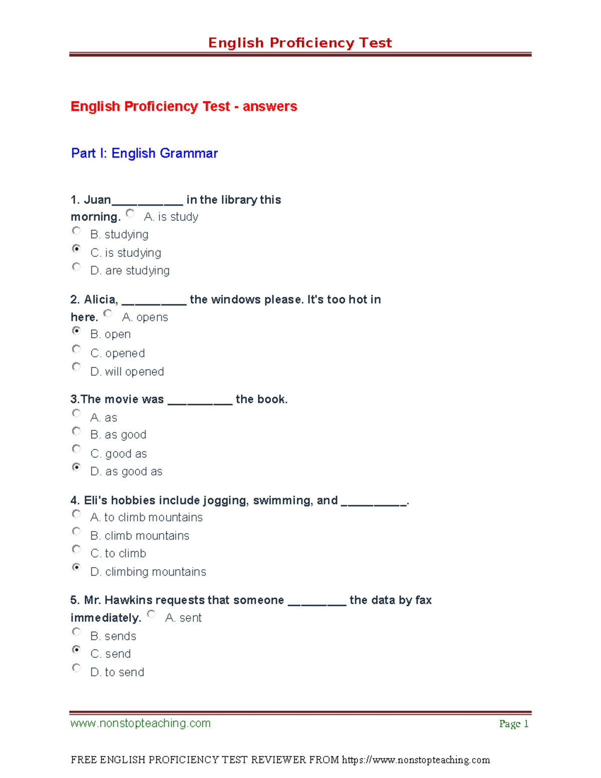 English Proficiency Test Reviewer: Grammar & Comprehension Answers ...