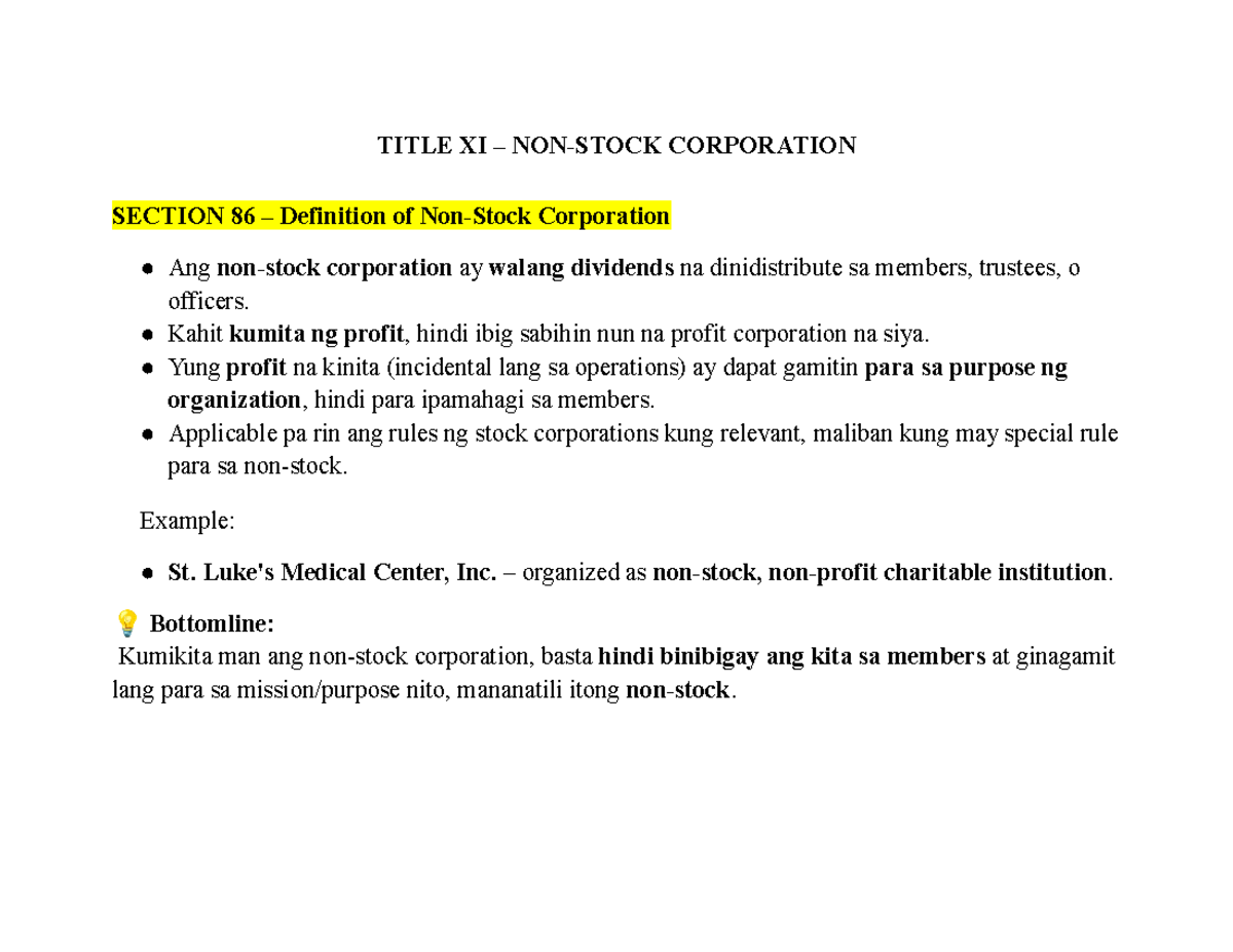 Title XI-XII: Non-Stock Corporations and Close Corporations Overview ...