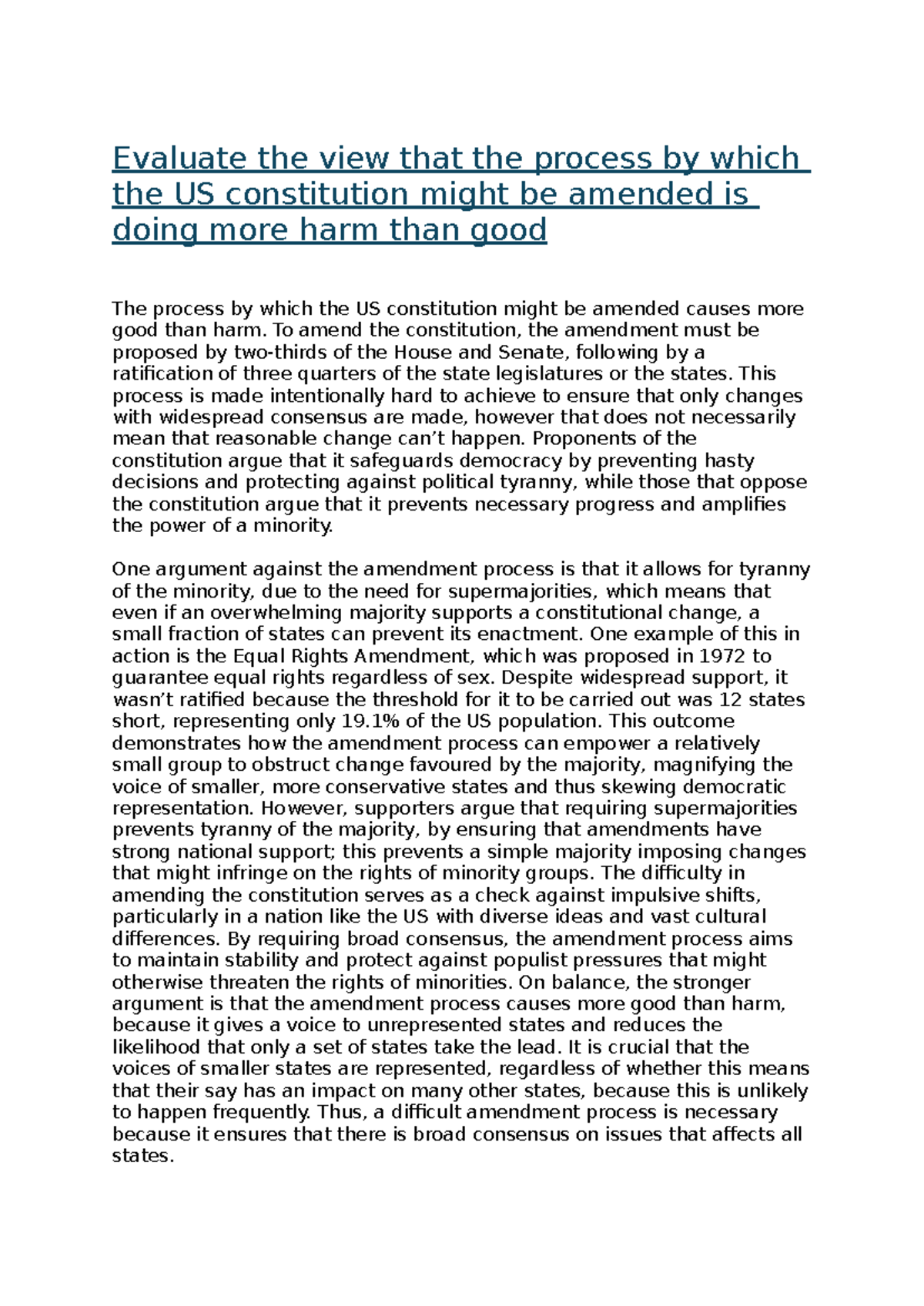 Evaluating the US Constitution Amendment Process: Harm vs. Good - Studocu