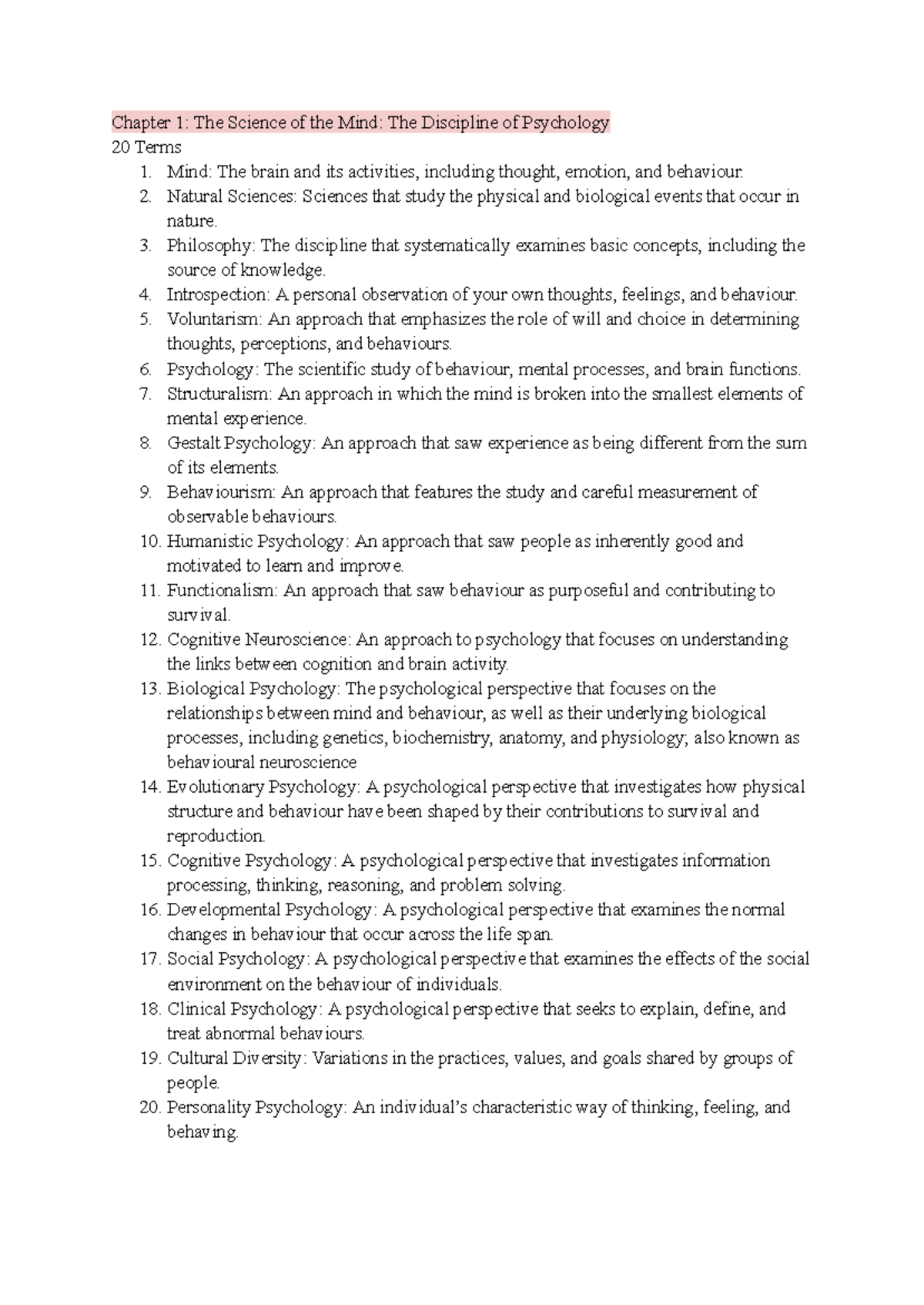 Psych 100 Flashcard Definitions - Chapter 1: The Science of the Mind ...