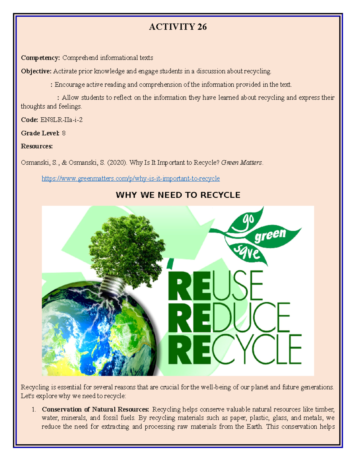 Recycling Lesson Plan & Pre-Reading Activities: EN8LR-IIa-i- - Studocu