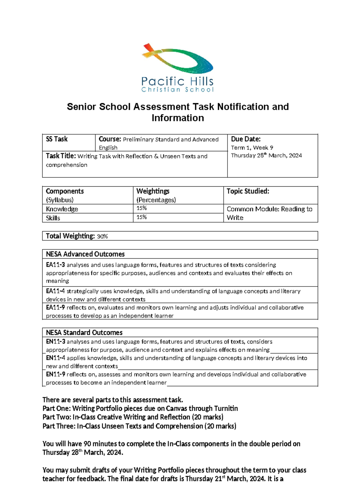 Yr 11 English Common Module Writing Task & Reflection 2024 - Studocu