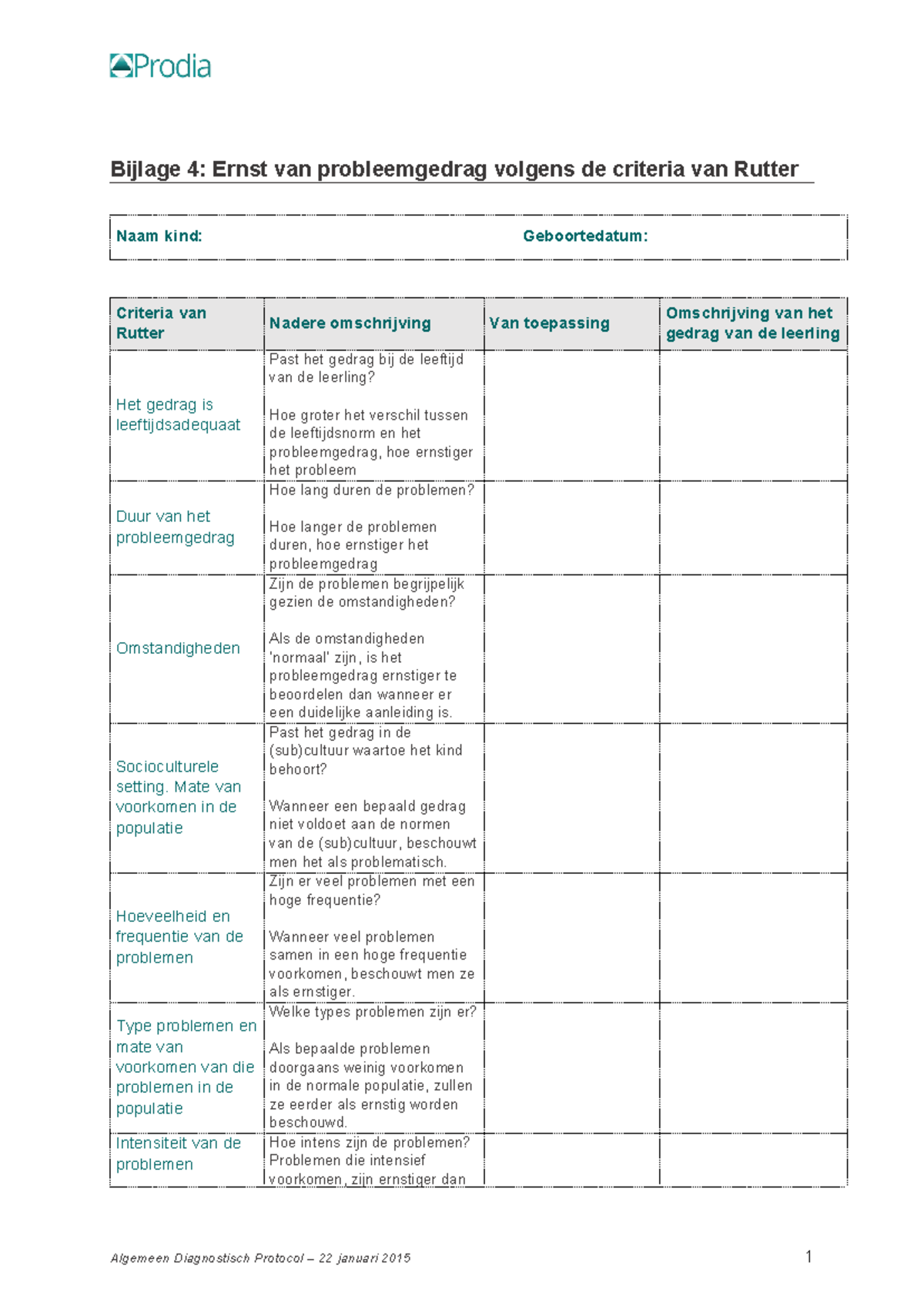 Criteria van Rutter voor Probleemgedrag bij Kinderen - Studocu