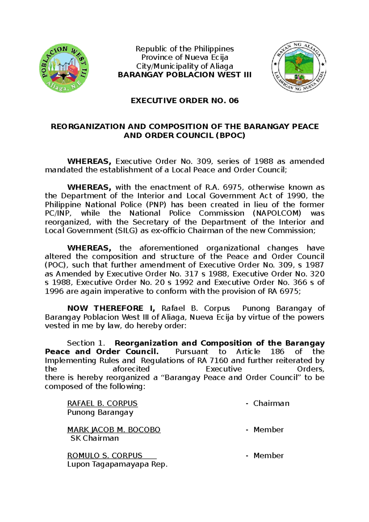 Executive Order No. 06: Reorganization of Barangay Peace and Order ...