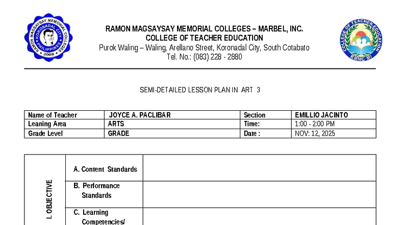 MAPEH 3 LESSON PLAN: COLOR WHEEL & DYNAMICS IN ART - Studocu