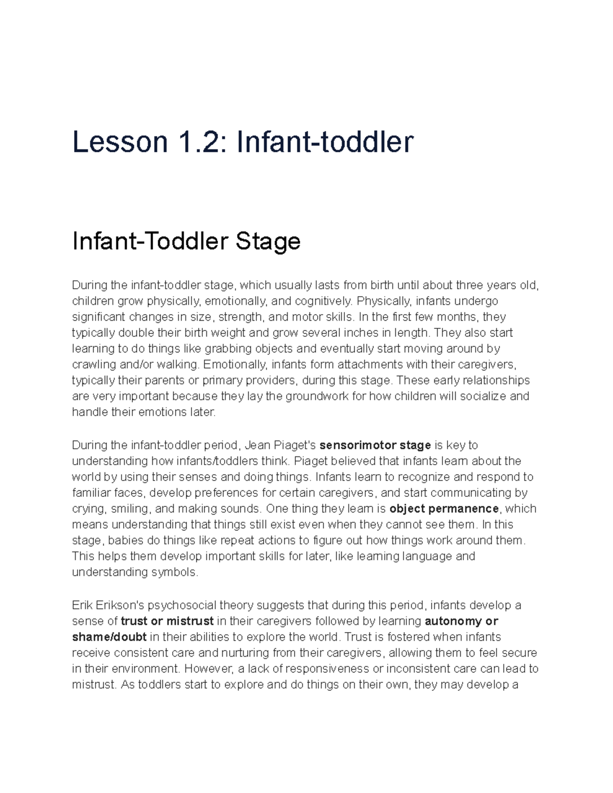 Lesson 1.2: Understanding Infant-Toddler Development Stages - Studocu