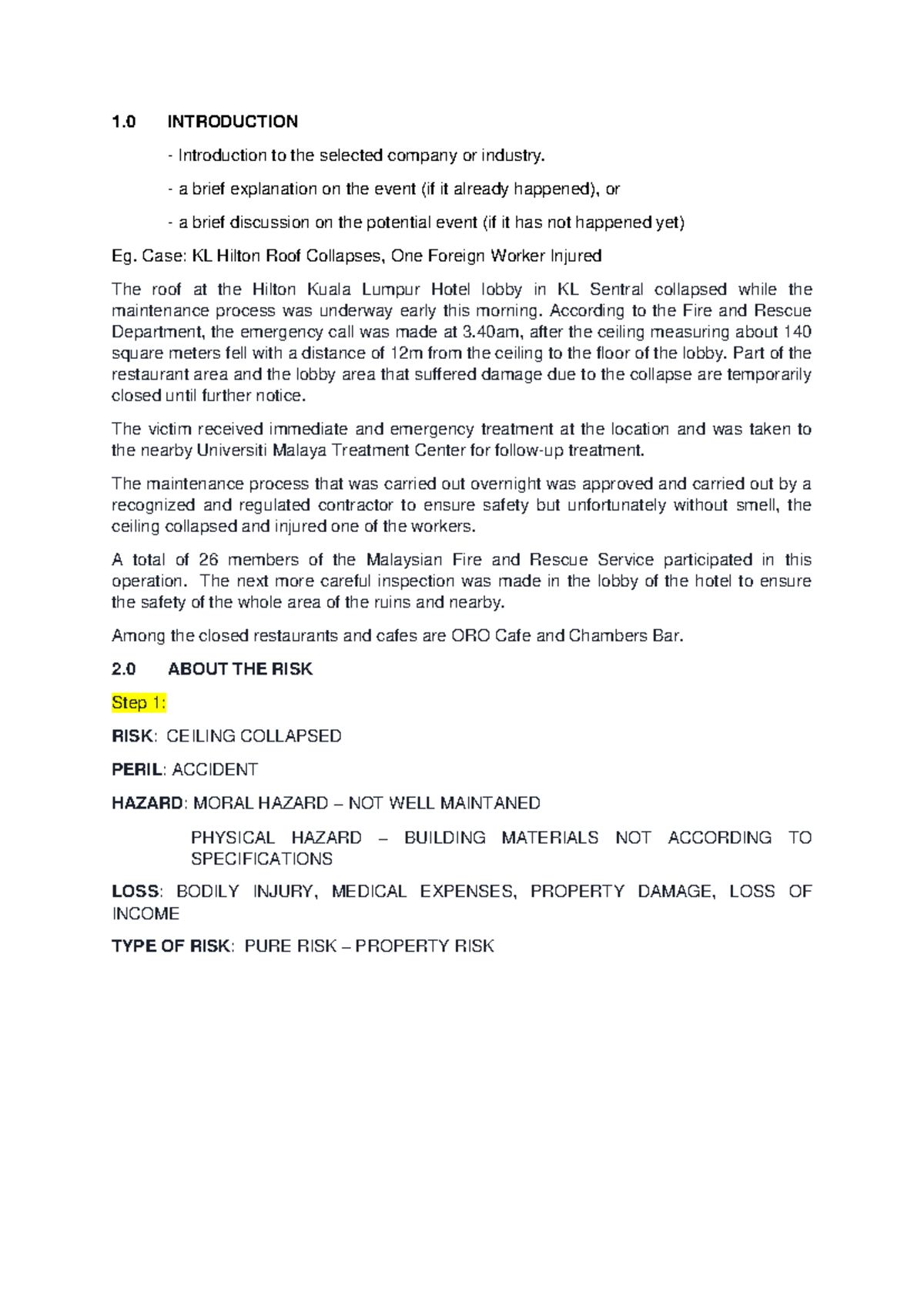 Case Study: KL Hilton Roof Collapse - Risk Analysis & Guidelines - Studocu