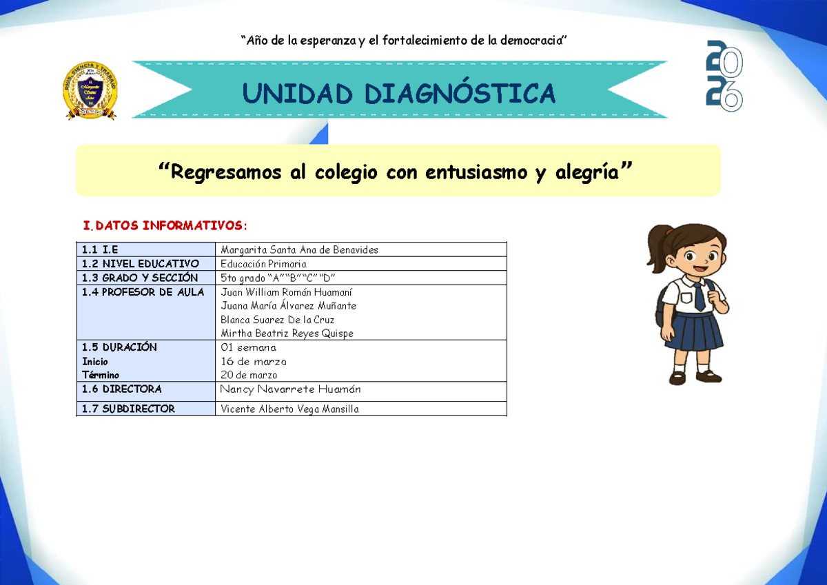 Unidad Diagnóstica: Regreso a Clases en 5to Grado - I.E. 2026 - Studocu