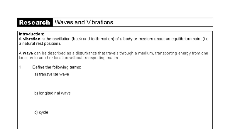 01 - Vibrations and Waves: Definitions & Homework Guide - Studocu