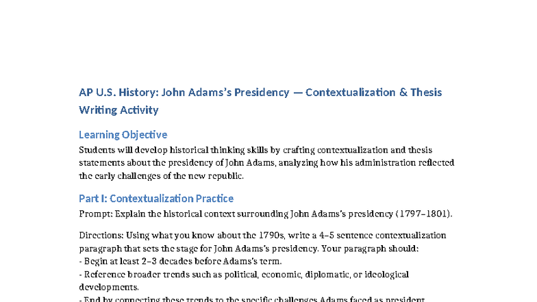 AP U.S. History: John Adams Presidency Contextualization & Thesis ...