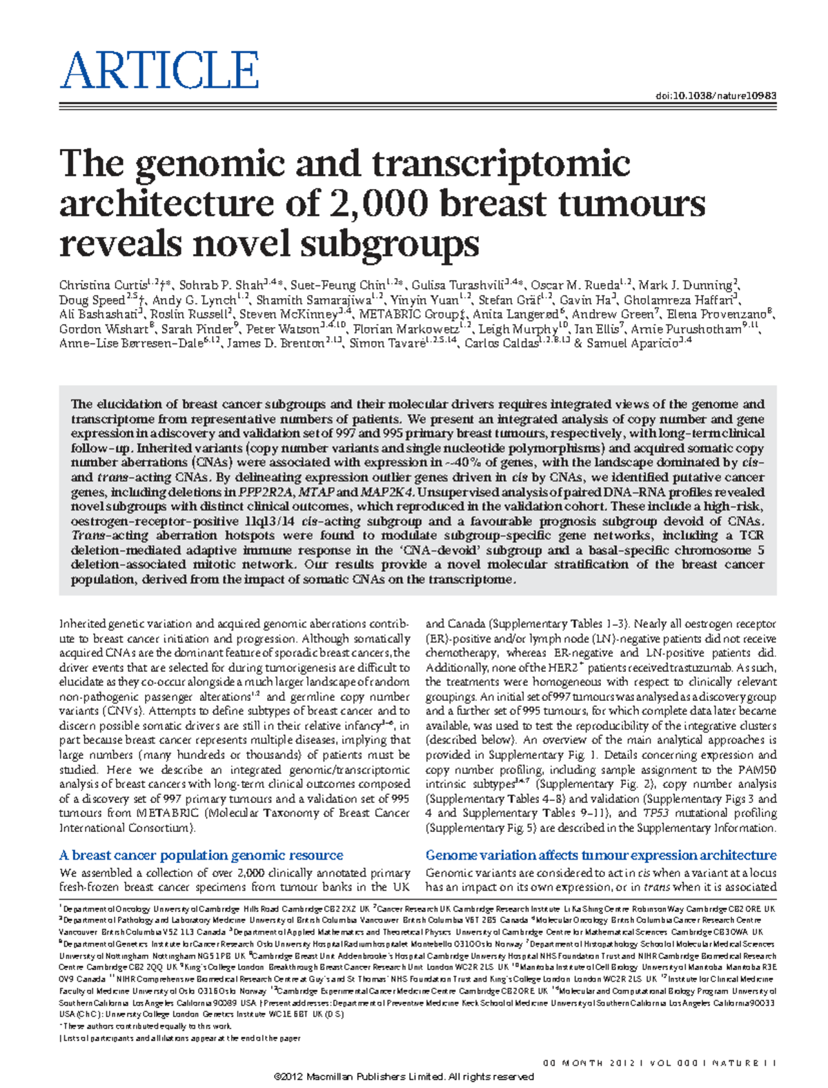 Genomic and Transcriptomic Insights into Breast Tumour Subgroups ...