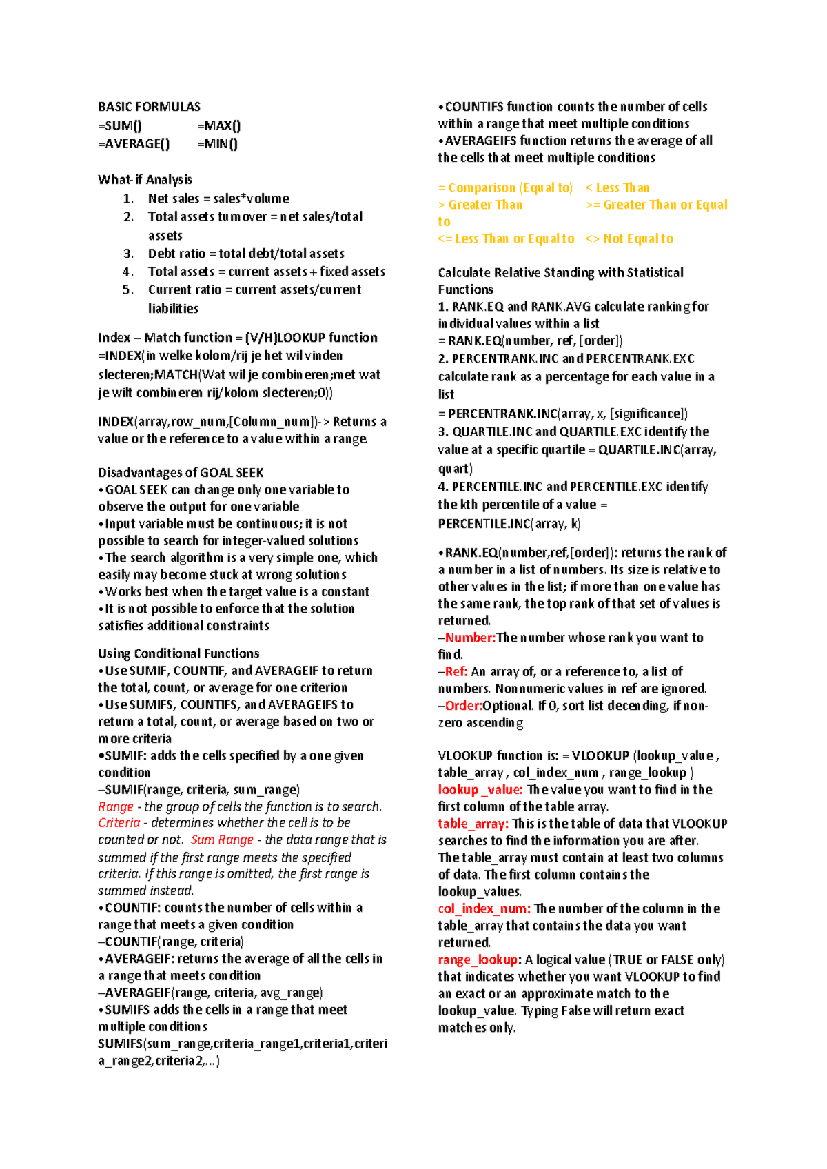Summary of Basic ICT Formulas and Functions for Analysis - Studeersnel