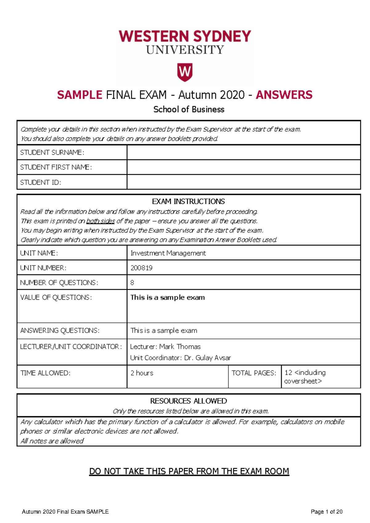 IM 200819 Sample Final Exam Autumn 2020 Answers and Solutions - Studocu