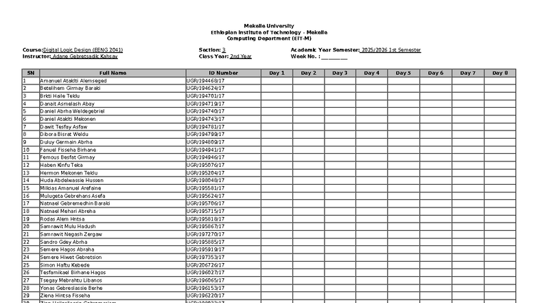EENG 2041 Attendance List - Digital Logic Design 1st Sem 2025/2026 ...