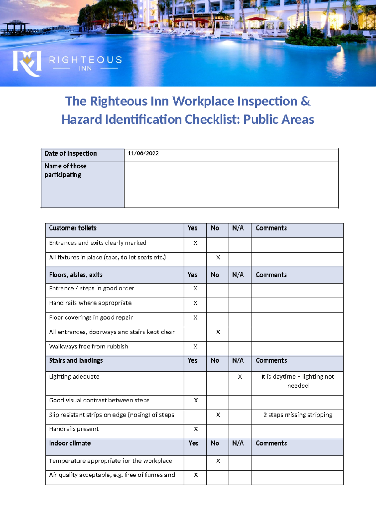 Righteous Inn - Workplace Inspection Hazard Identification Checklist ...