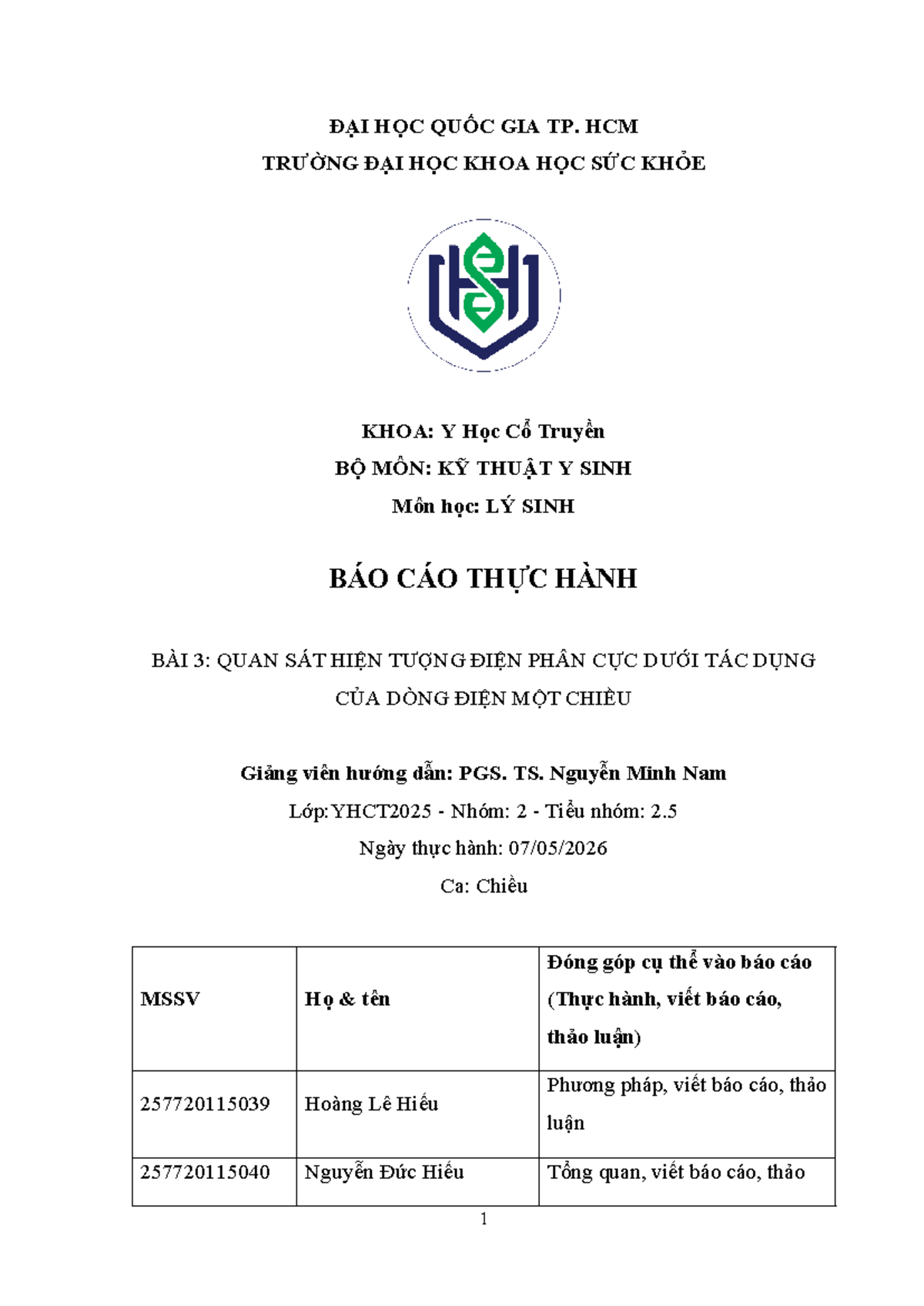 Báo cáo Thực Hành Nhóm 2: Hiện Tượng Điện Phân Cực (YHCT2025) - Studocu