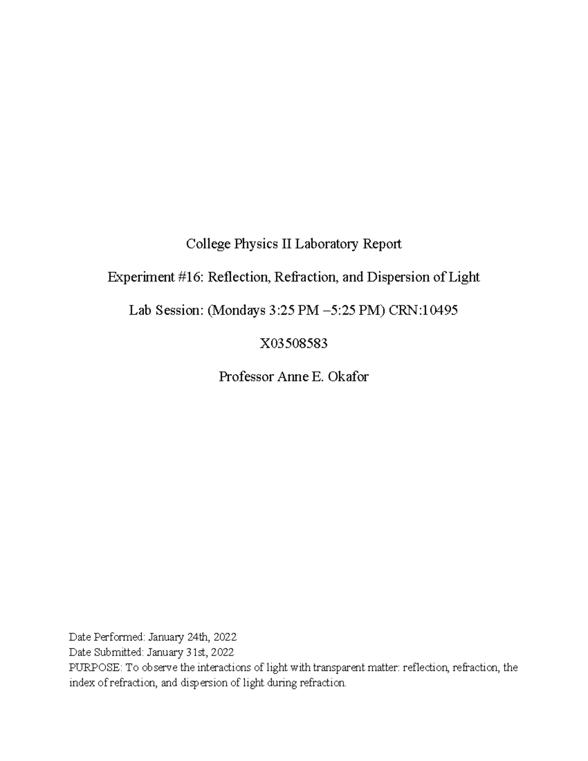 Report Experiment #16 Reflection, Refraction and Dispersion of Light ...