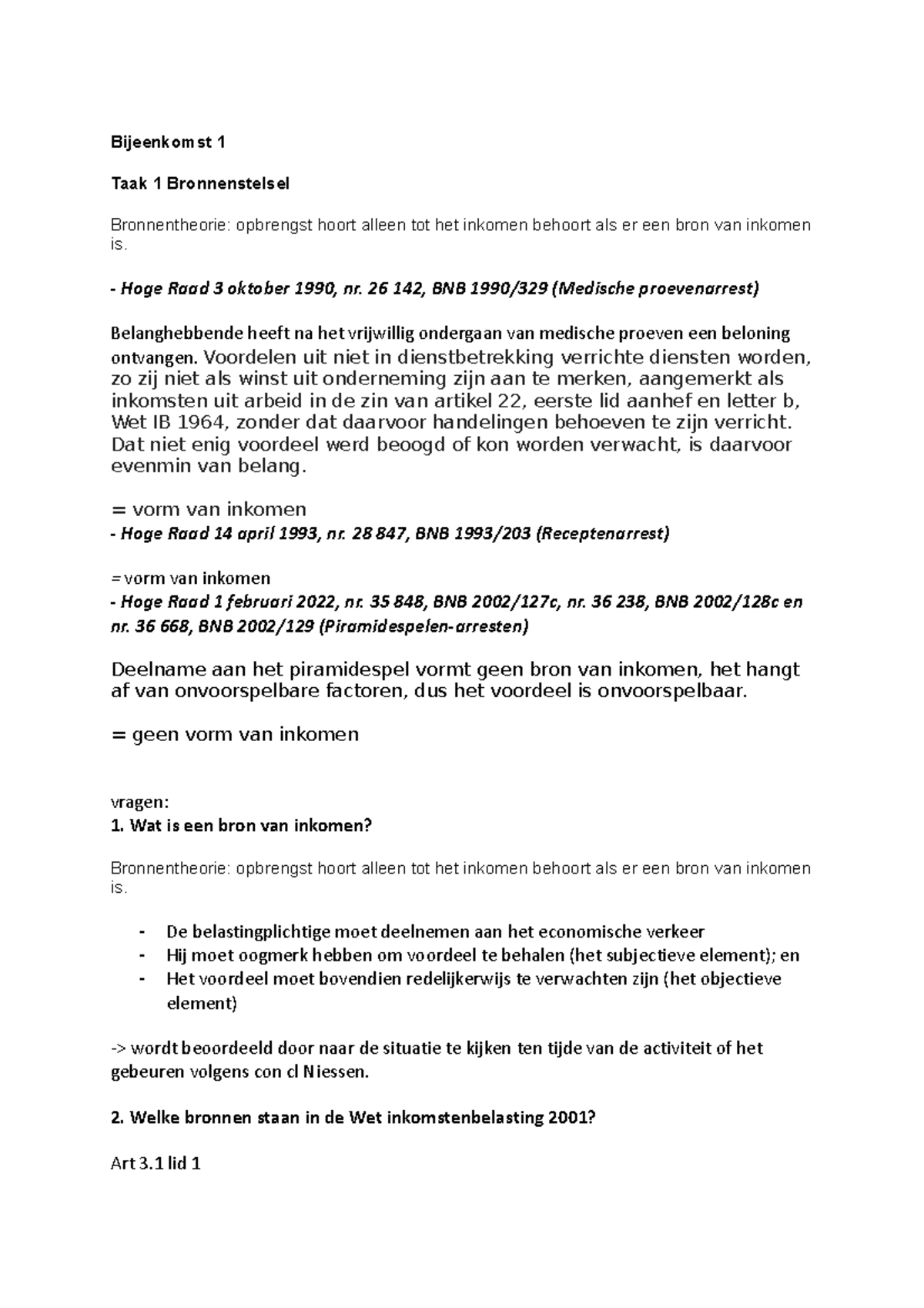 Hoorcollege 1 Belastingrecht Particulieren: Bronnenstelsel en Inkomsten ...