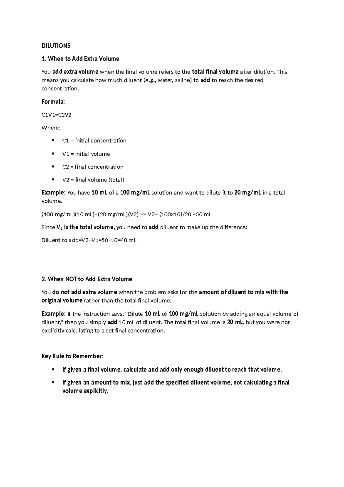 DILUTIONS: Guidance on Volume Addition for Concentration Calculations ...