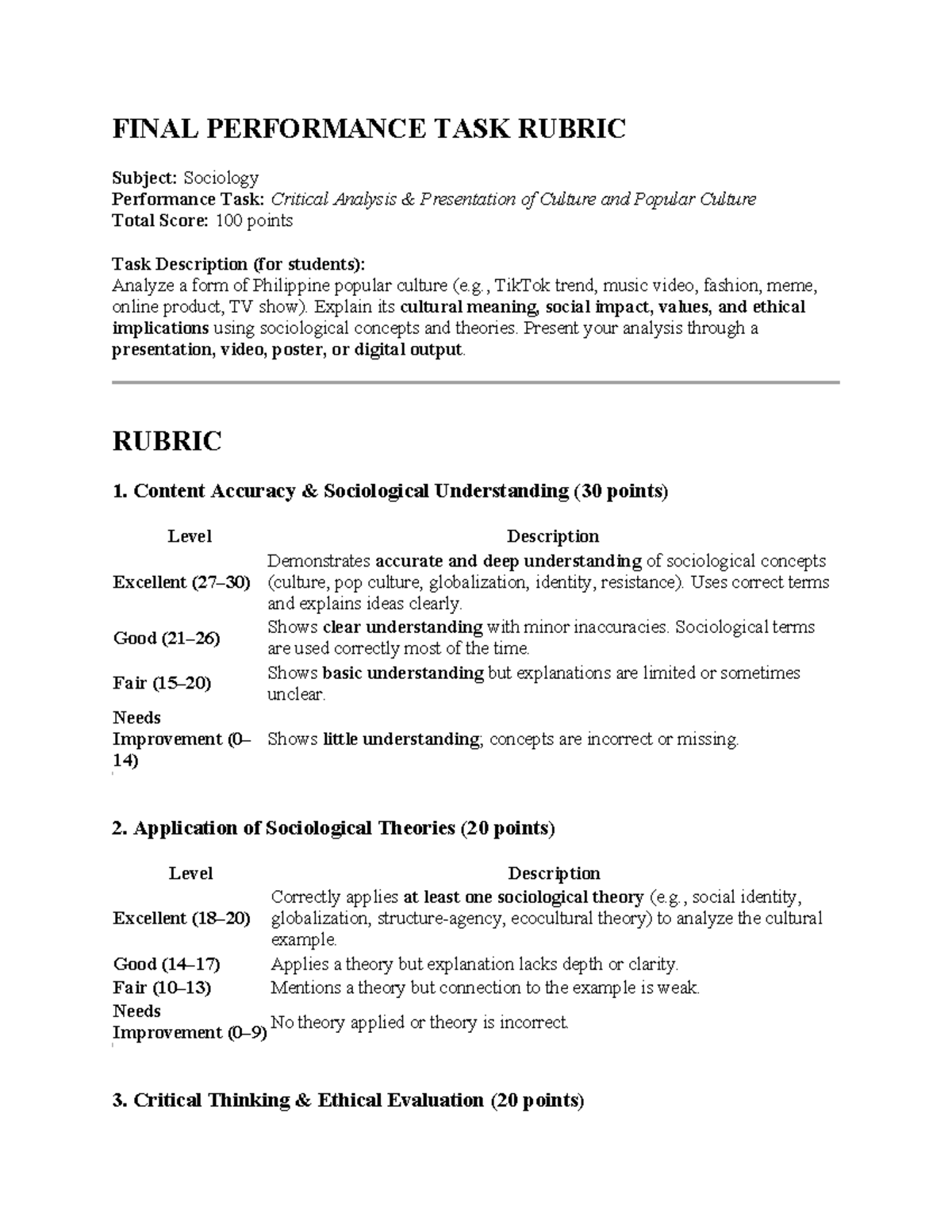 FINAL PERFORMANCE TASK RUBRIC - SOCIOLOGY: CULTURAL ANALYSIS - Studocu