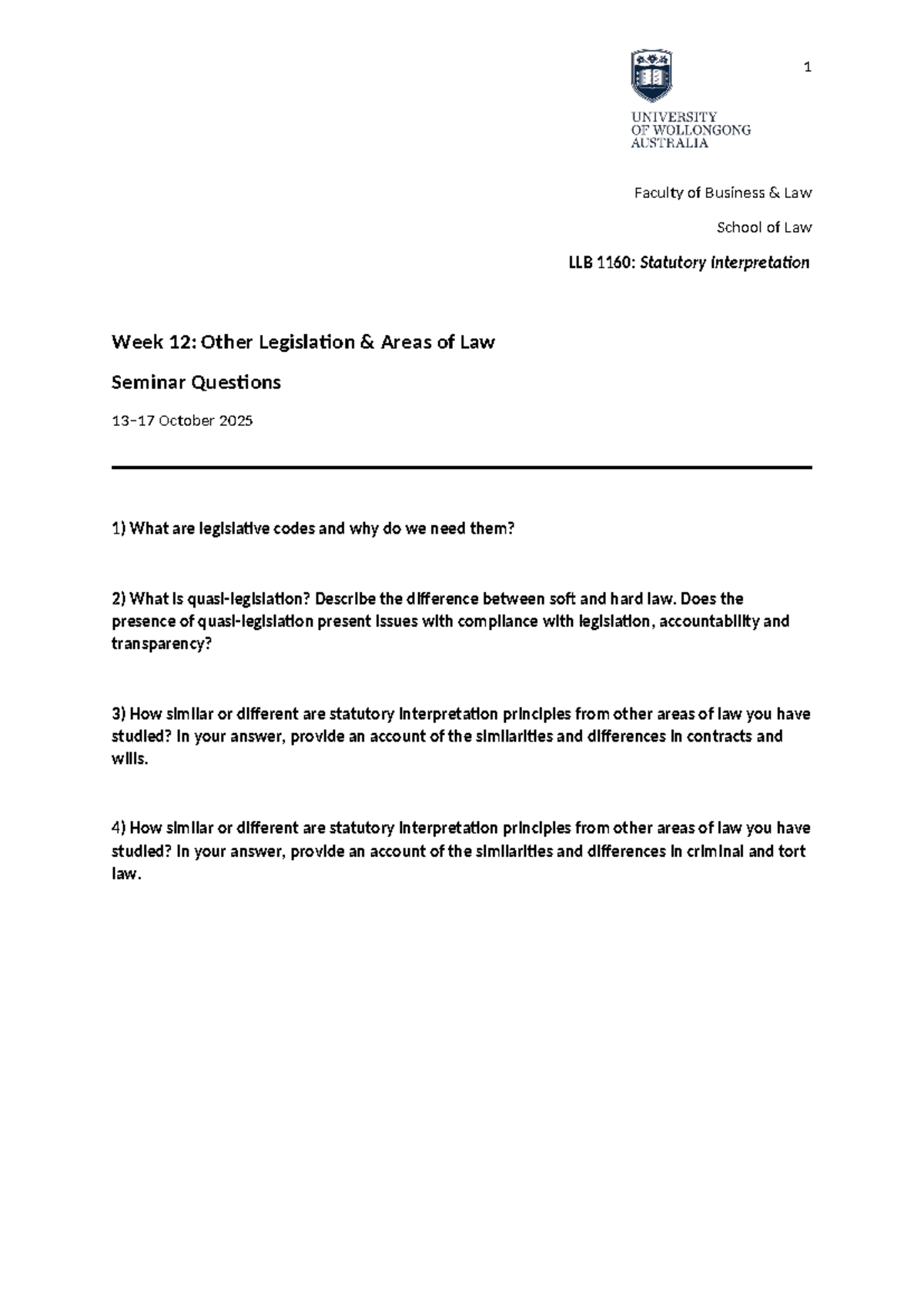 LLB 1160: Week 12 Seminar Questions on Statutory Interpretation - Studocu