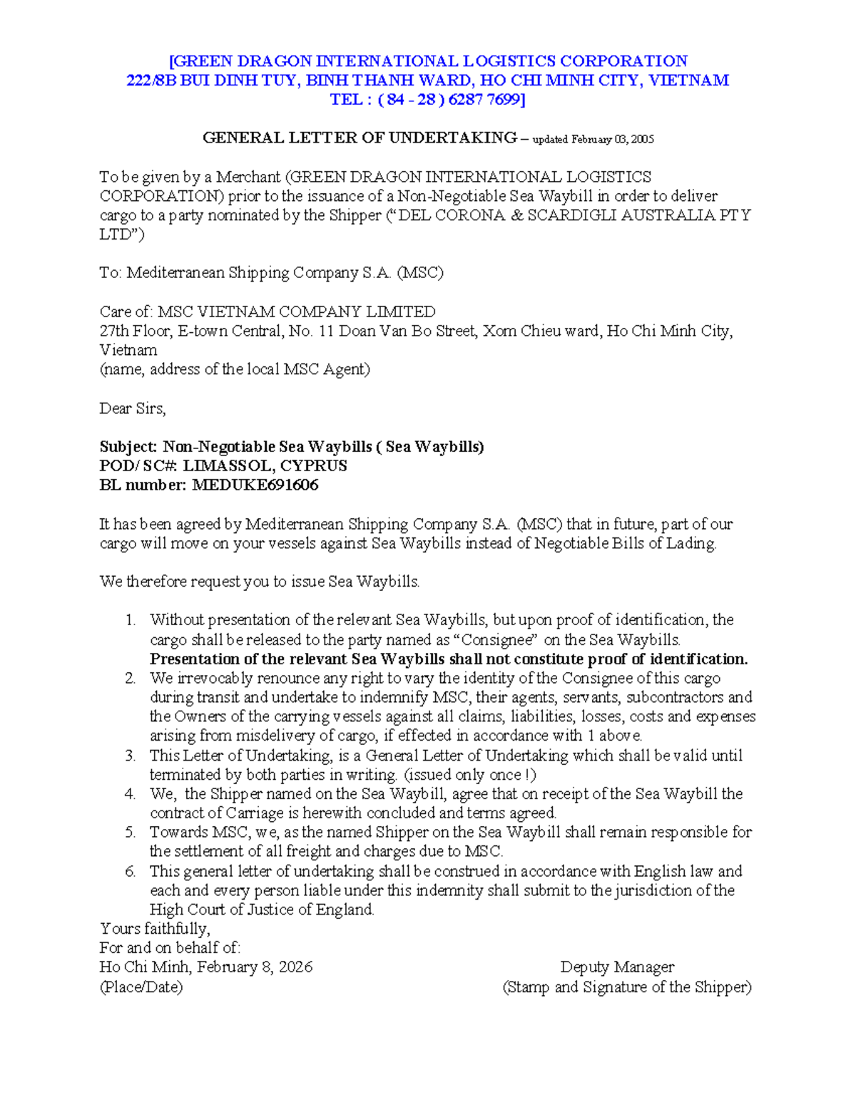 General Letter of Undertaking for Sea Waybills - EBKG15577339 - Studocu