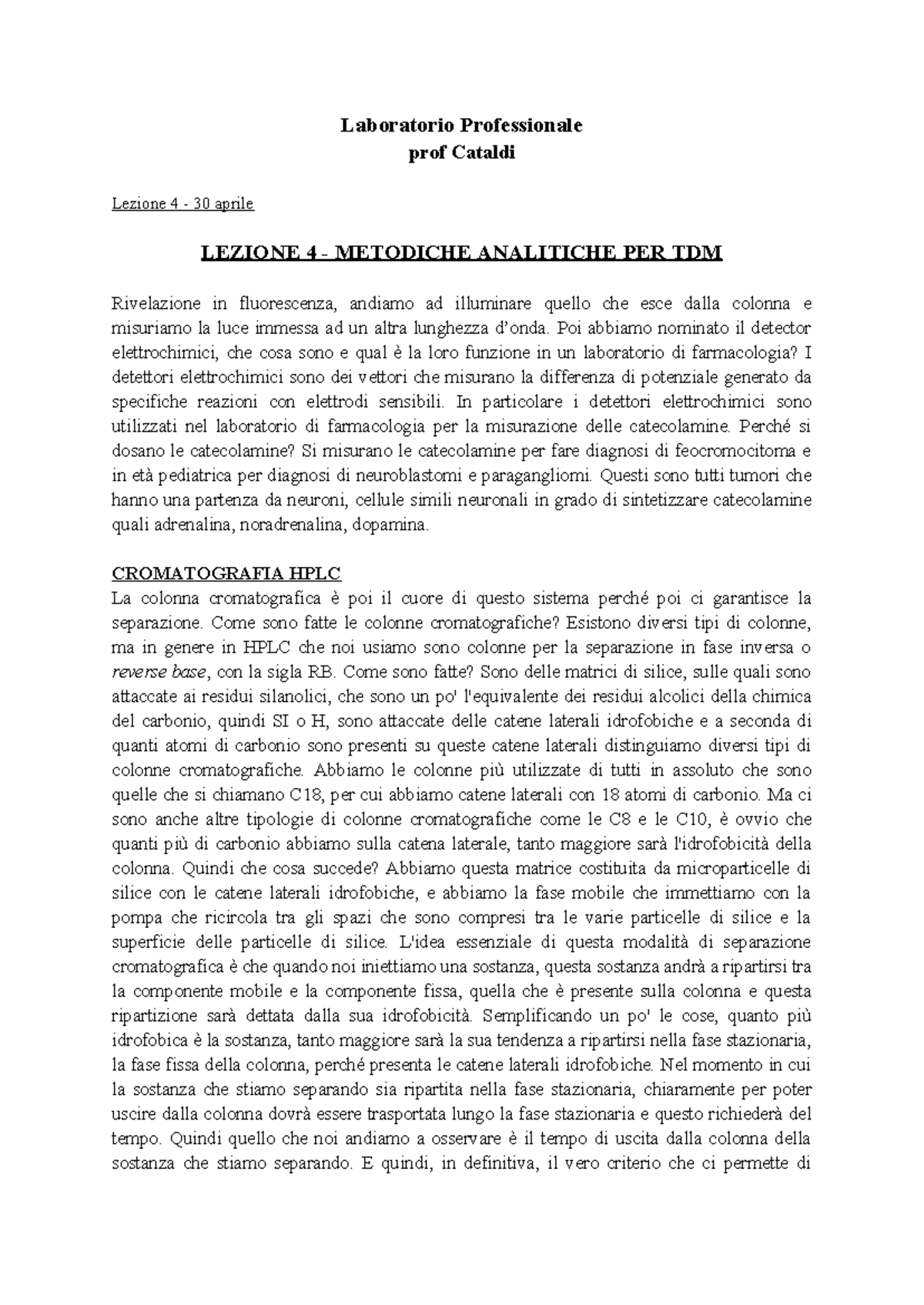 Laboratorio Professionale - Lezione 4: Metodiche Analitiche TDM e HPLC ...
