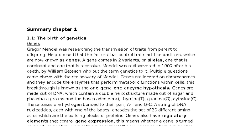 Chapter 1 Summary: The Birth of Genetics in Biology - Studeersnel