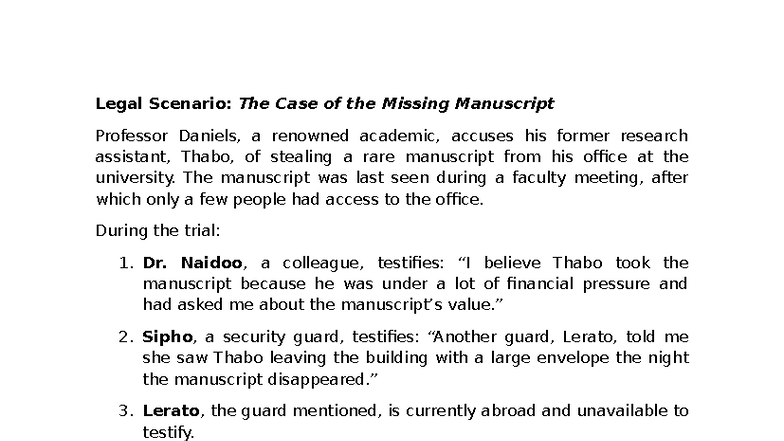 Legal Scenario: Missing Manuscript Case Study (LAW 101) - Studocu