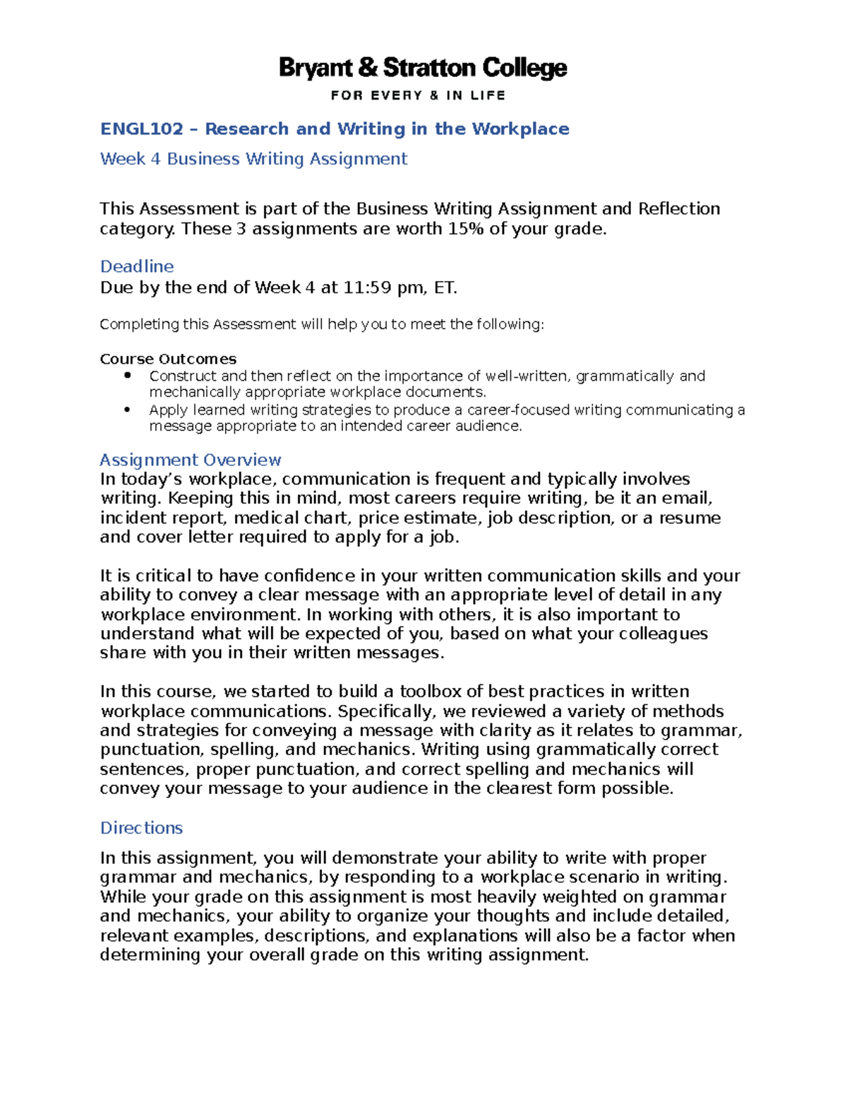 ENGL102 - Week 4 Business Writing Assignment Overview and Guidelines ...