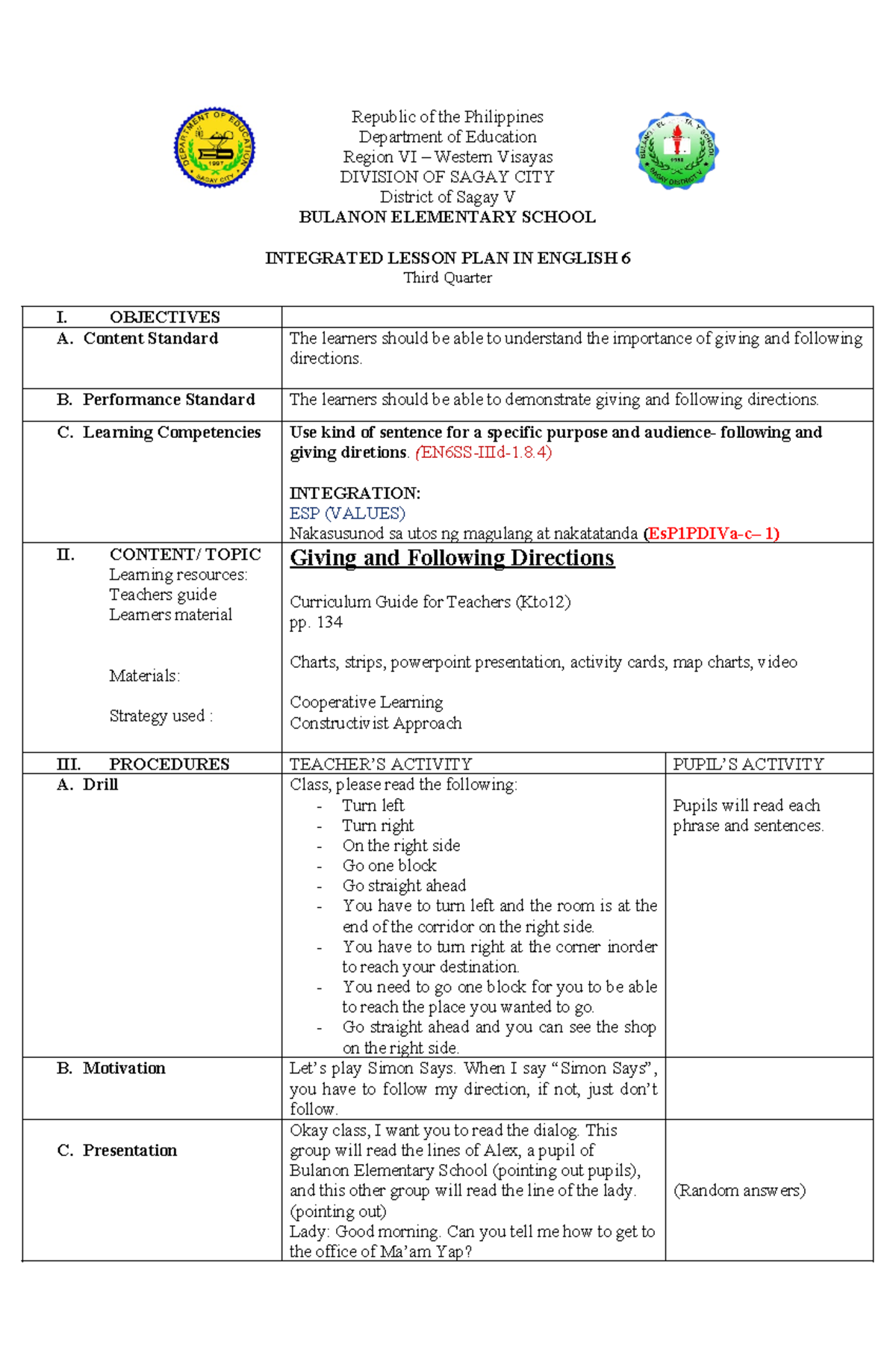 COT # 1 Final Lesson Plan: Giving and Following Directions in English 6 ...