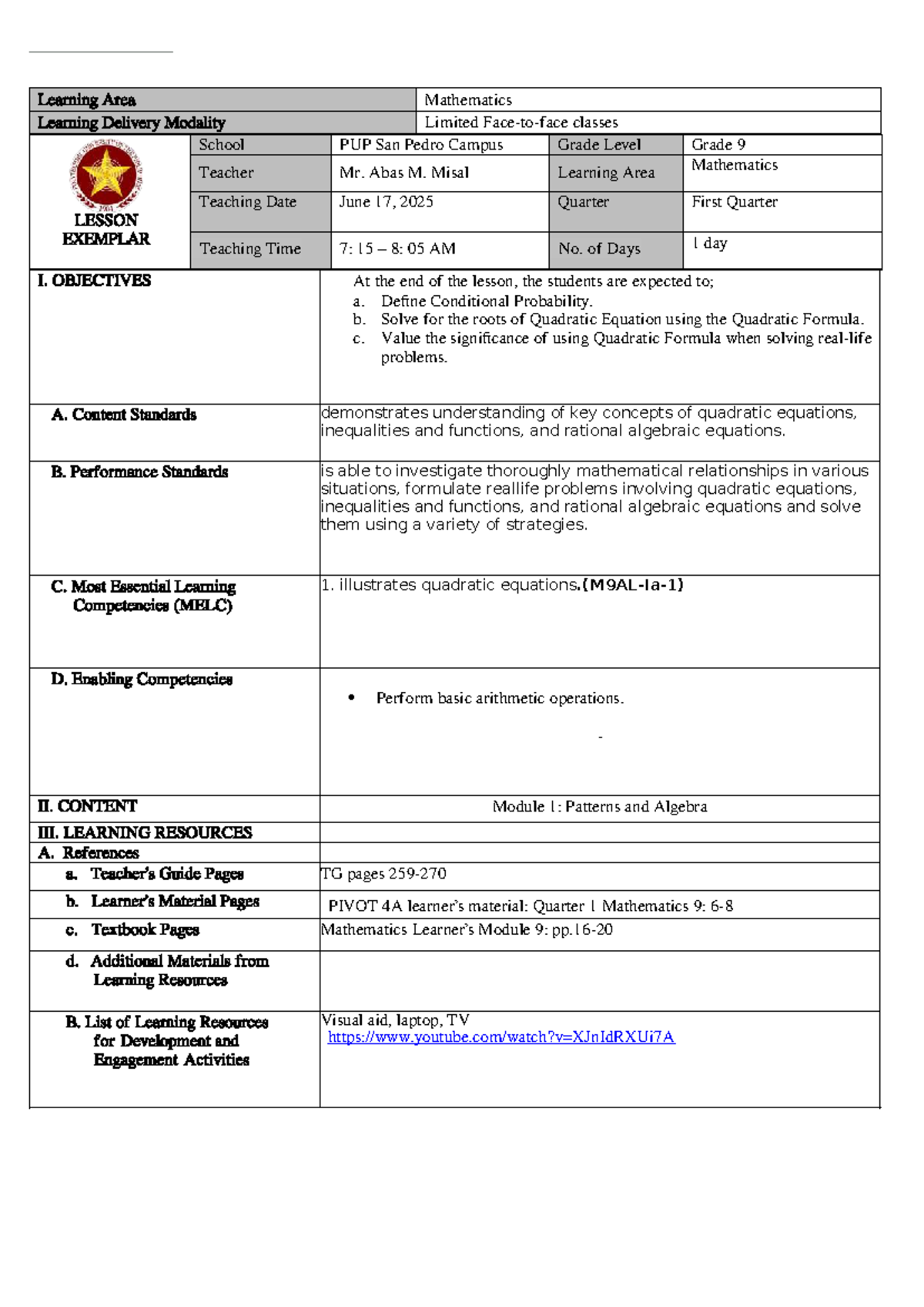 Grade 9 Math Lesson Plan: Understanding Quadratic Equations and ...