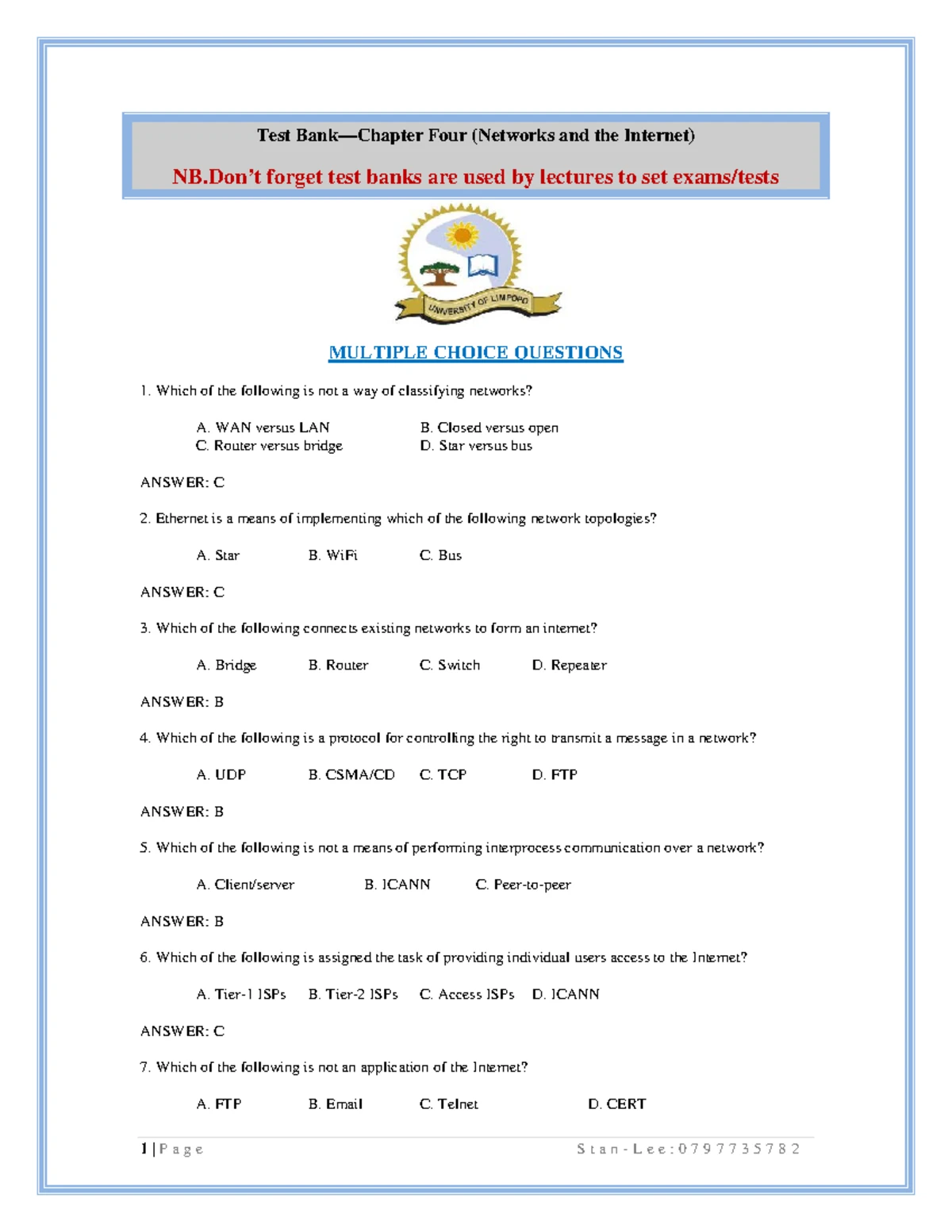 Test Bank for Networks and the Internet (Chapter 4) - Studocu