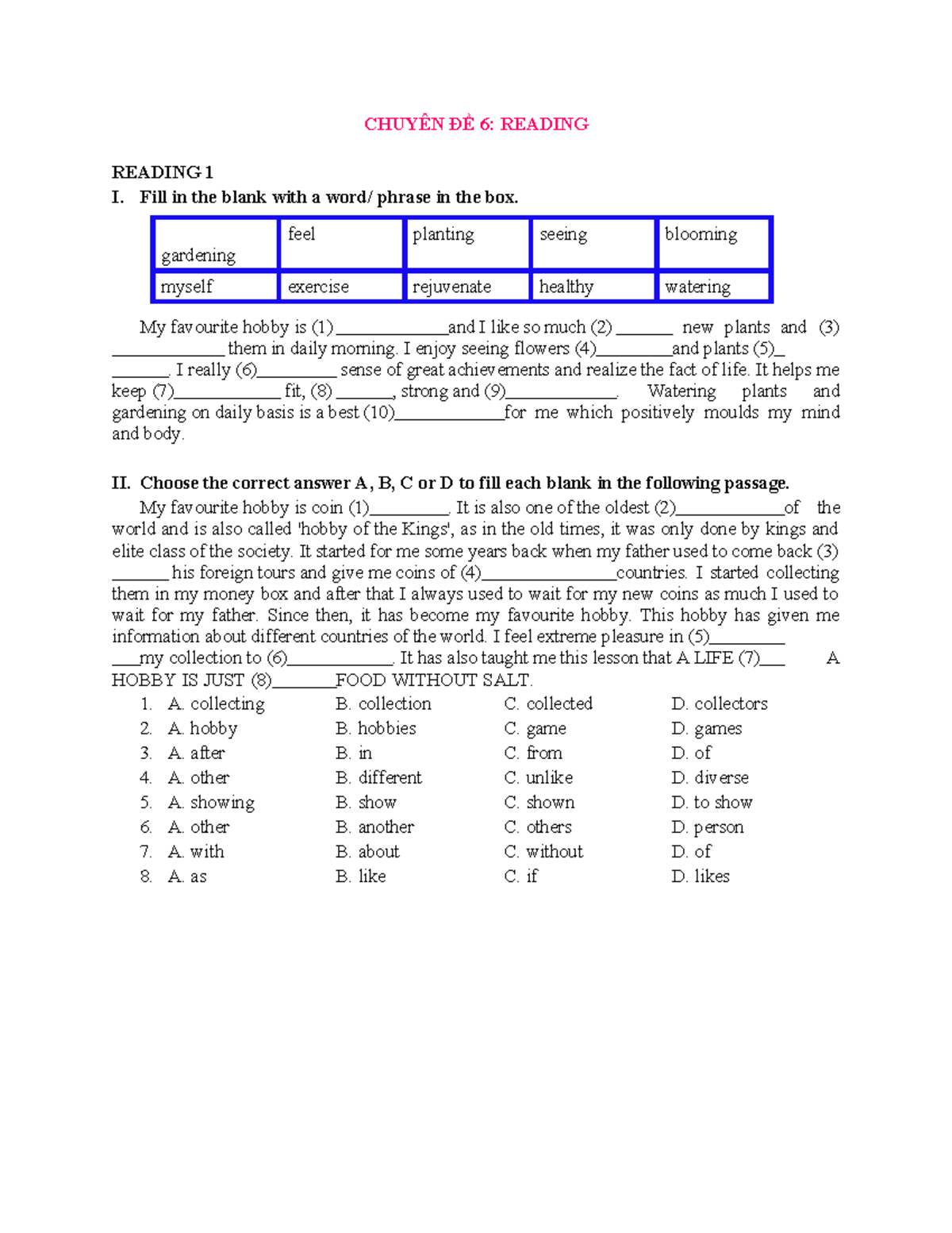 Chuyên Đề 6: Reading Exercises and Fill-in-the-Blank Activities - Studocu