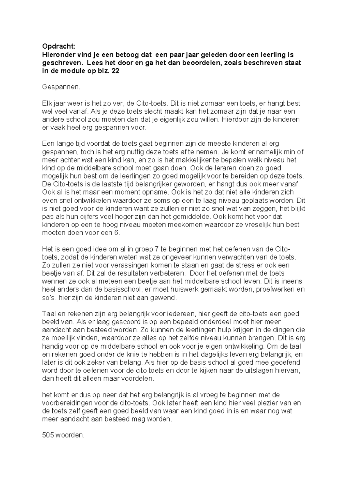 Herschrijfopdracht Betoog V5: Voorbereiding op de Cito-toets - Studocu