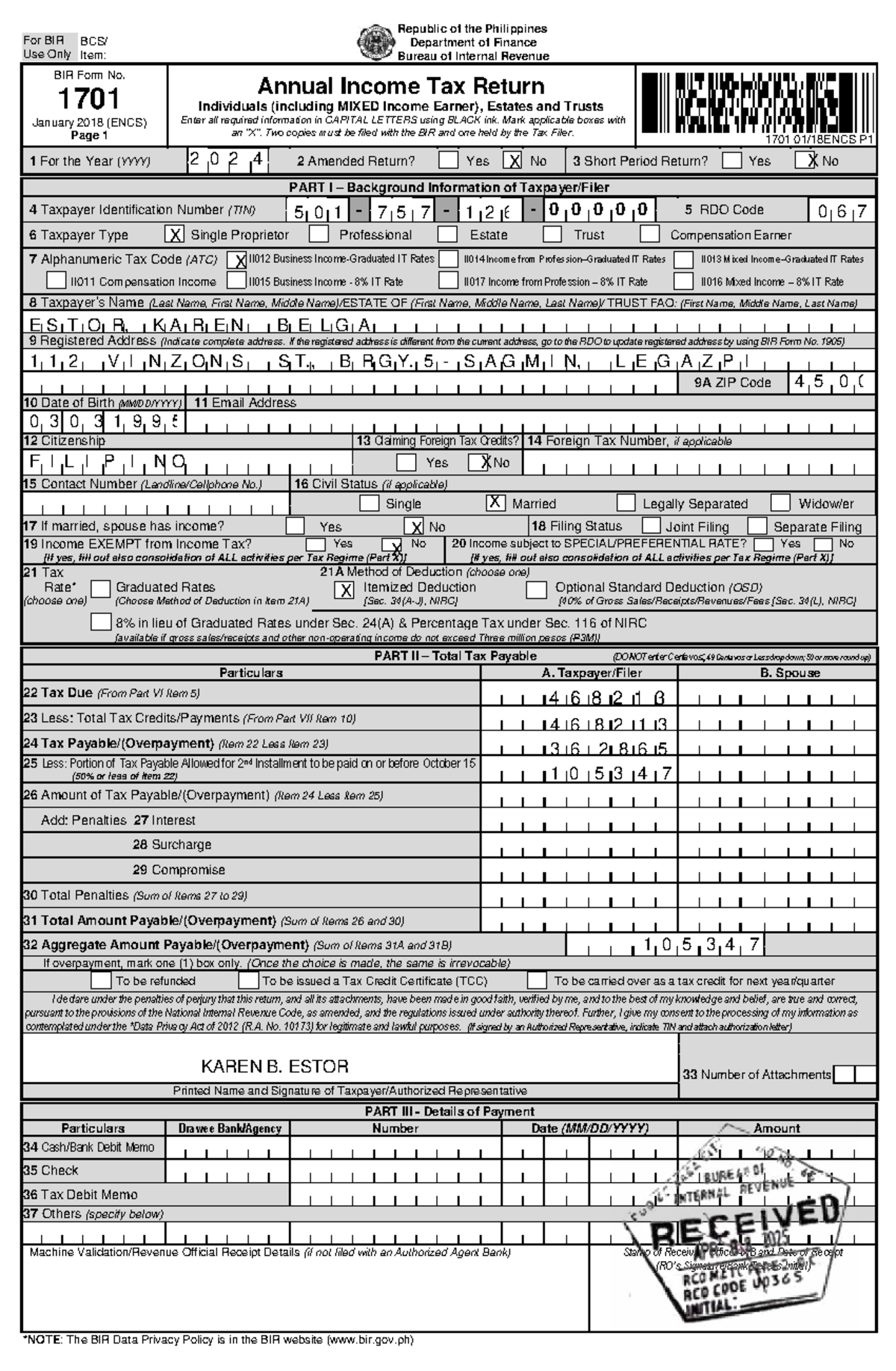 BIR Form No. 1701 Annual Income Tax Return for Individuals - January ...