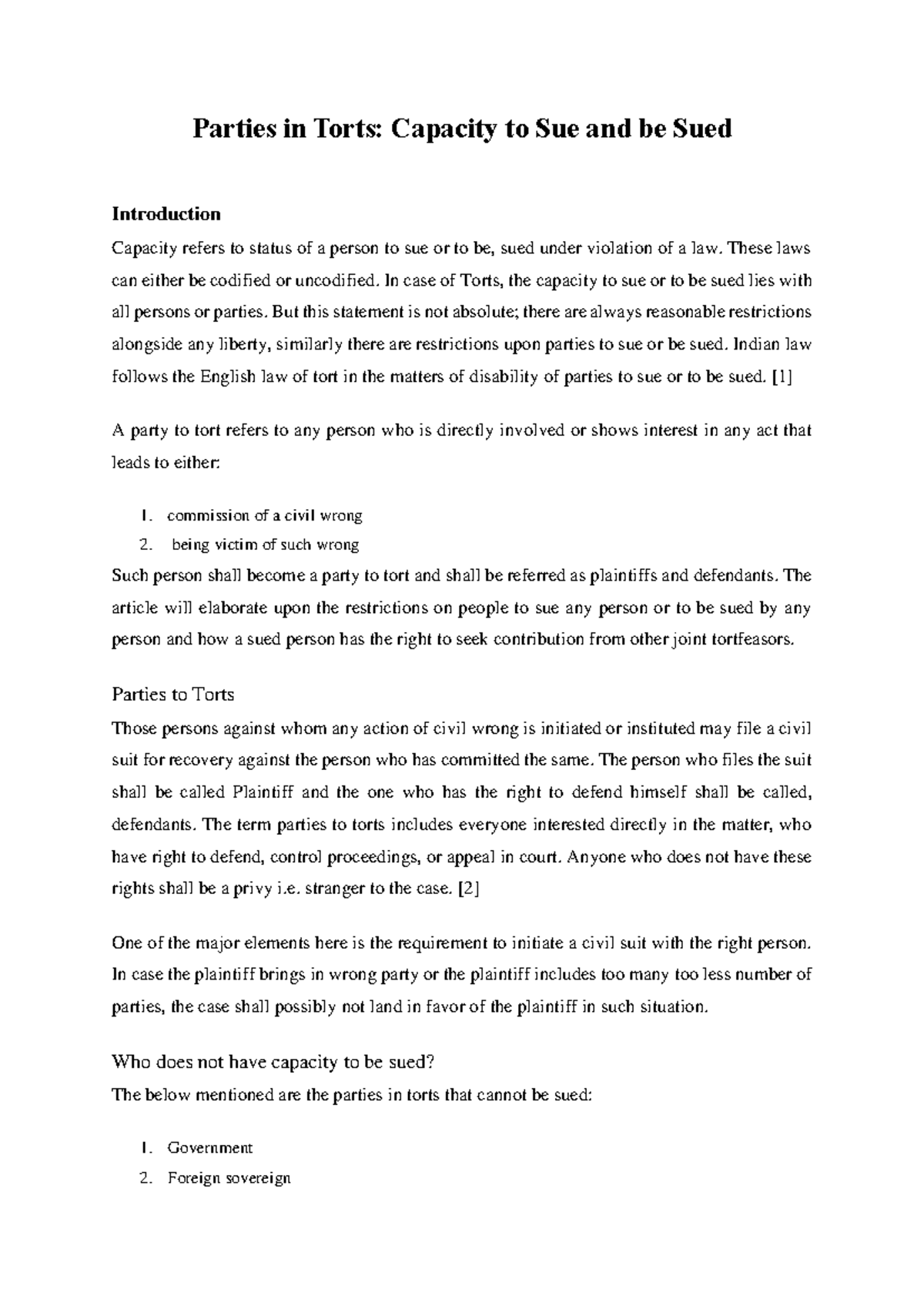 Parties in Torts: The Capacity to Sue and Be Sued Explained - Studocu