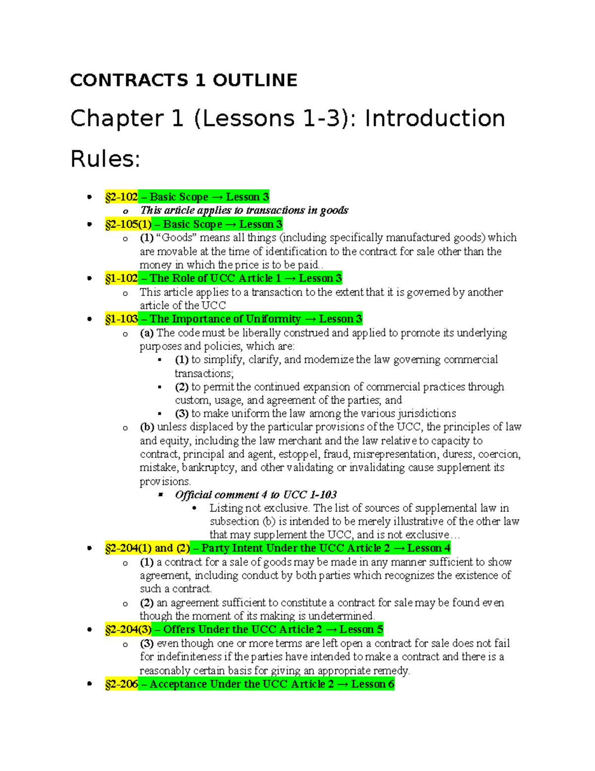 Contracts 1 Outline: UCC Articles & Key Concepts Overview - Studocu