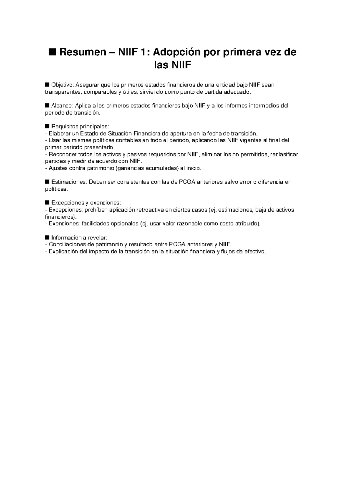 Resumen NIIF 1: Adopción Inicial de NIIF - CONTA - Studocu