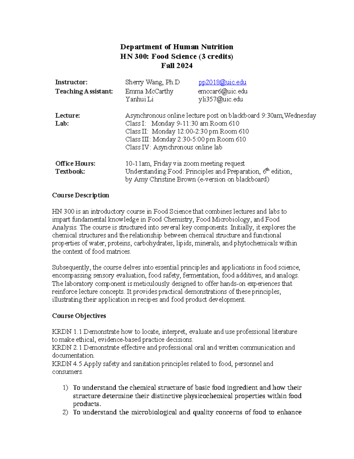 HN 300 Food Science Syllabus and Course Overview - Fall 2024 - Studocu