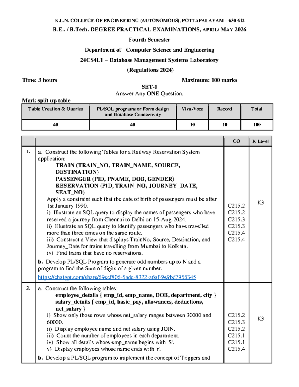 DBMS Practical Exam Set 1 - C215.2 Database Management Systems Lab ...