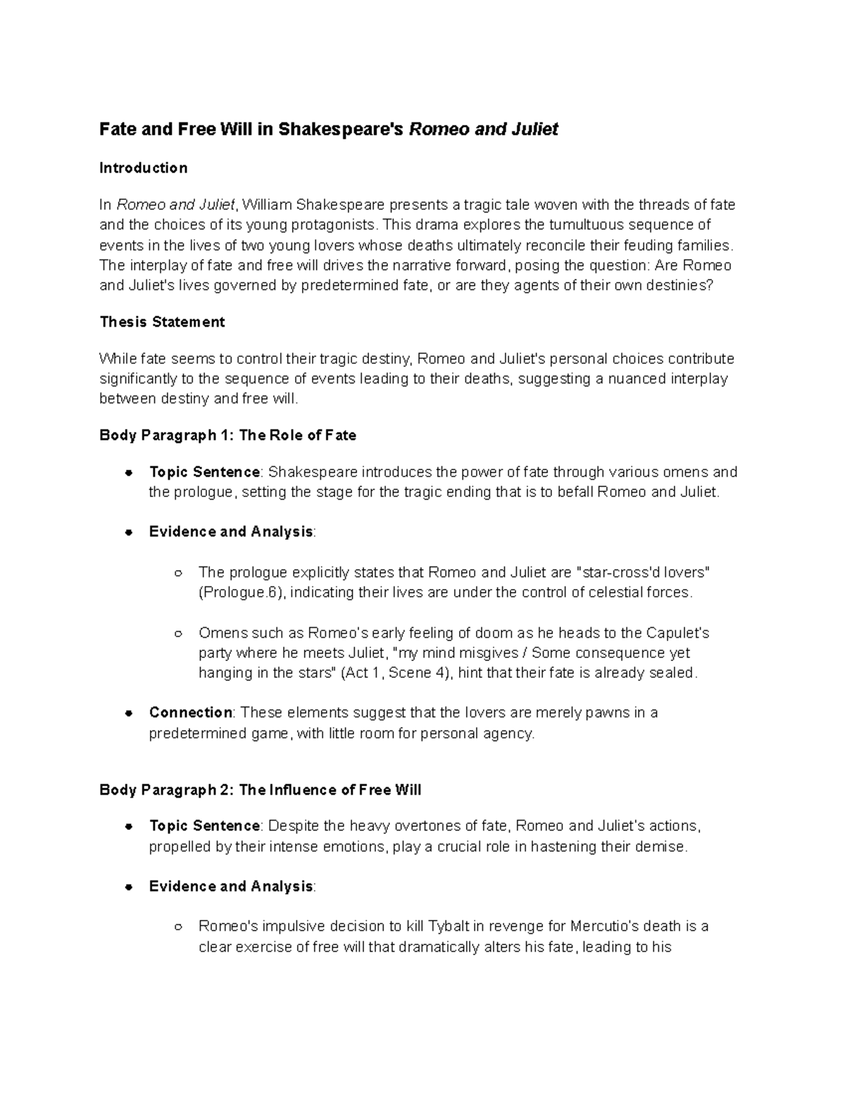 ENG 201 - Essay Outline: Fate vs. Free Will in Romeo and Juliet - Studocu