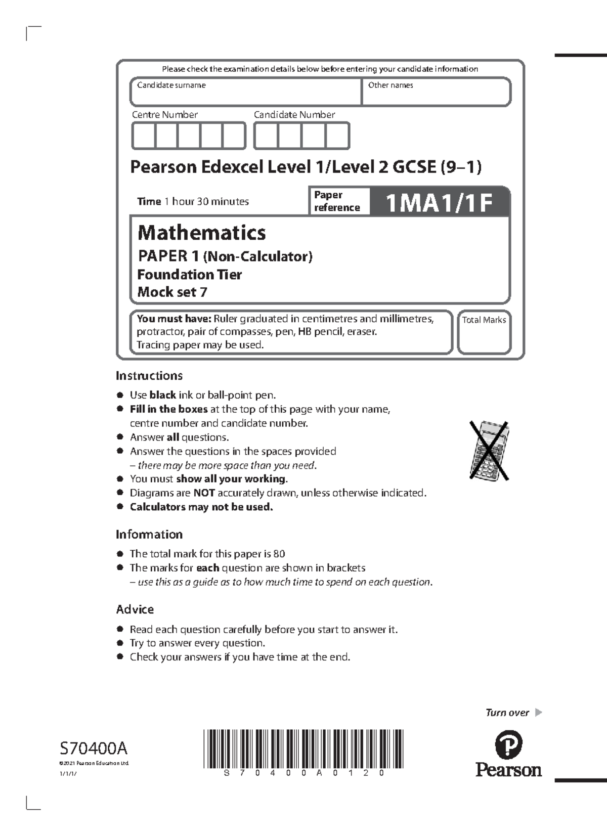 Mock-Set-7 1MA1 1F GCSE Maths Question Paper (Foundation Tier) - Studocu